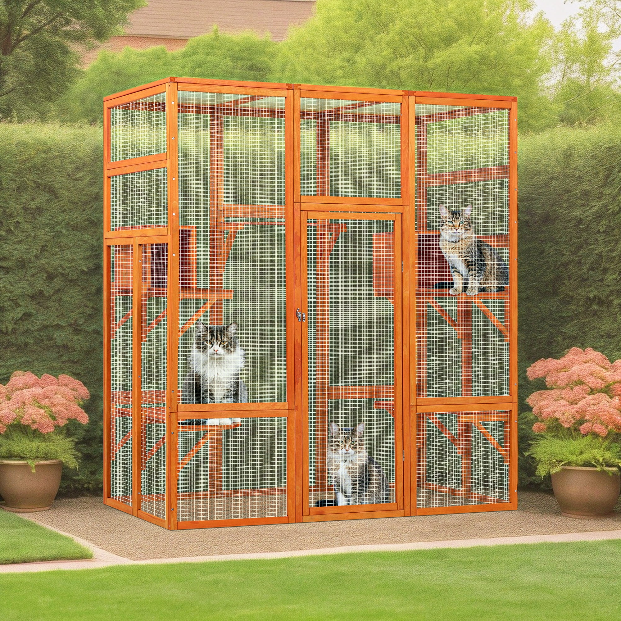 Demi Bonn 70" Outdoor Cat House for Large Cats, Enclosure Wood Cat Cage ...