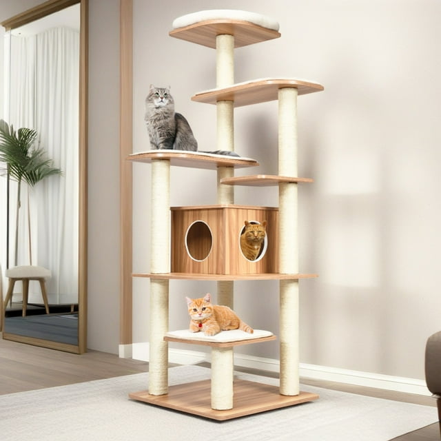 Demi Bonn 71" Modern Cat Tree Tower for Indoor Cats, Wood Cat Condo with Scratching Post and ...