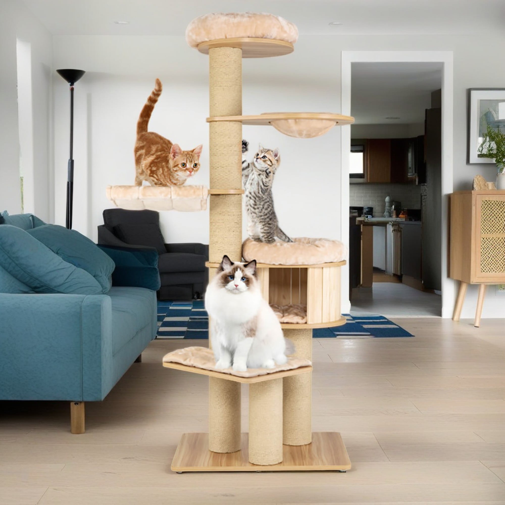Demi Bonn 75" Modern Cat Tree Tower for Indoor Cats, Large Wood Cat ...
