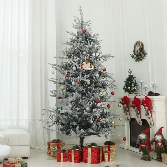 Demi Bonn 9ft Tall Artificial Nordic Pine Christmas Tree with Snow, Hinged Xmas Tree for Home ...
