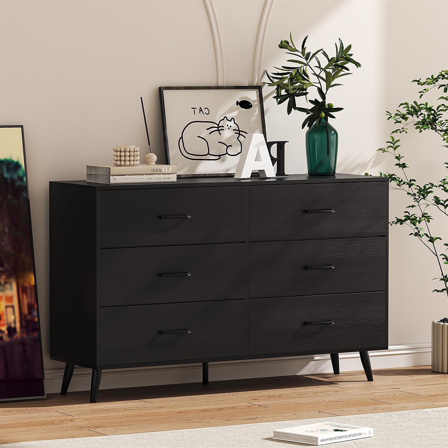 Demi Bonn Black Double-Row 6-Drawer Cabinet, Particleboard, 133x40x84cm ...