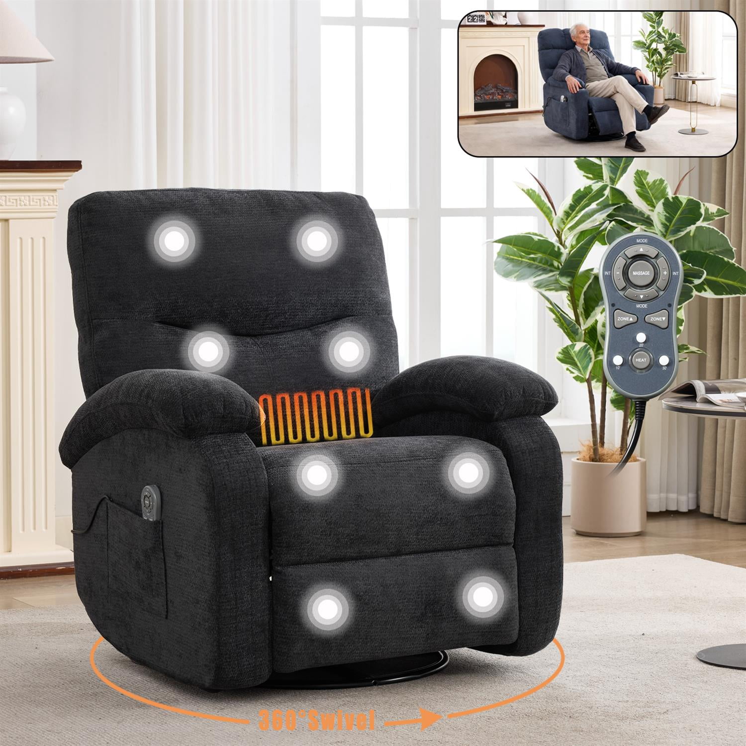 Demi Bonn Dark Grey Massage Lounge Chair - Rocker, Rotating, Cup Bucket ...