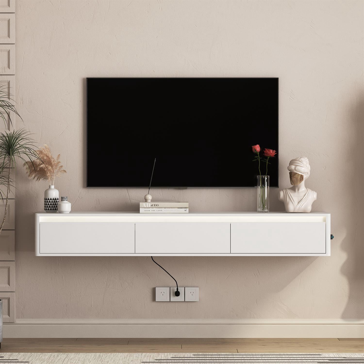 Demi Bonn Floating TV Stand - Wall - Mounted, LED Lights, Power Outlet ...