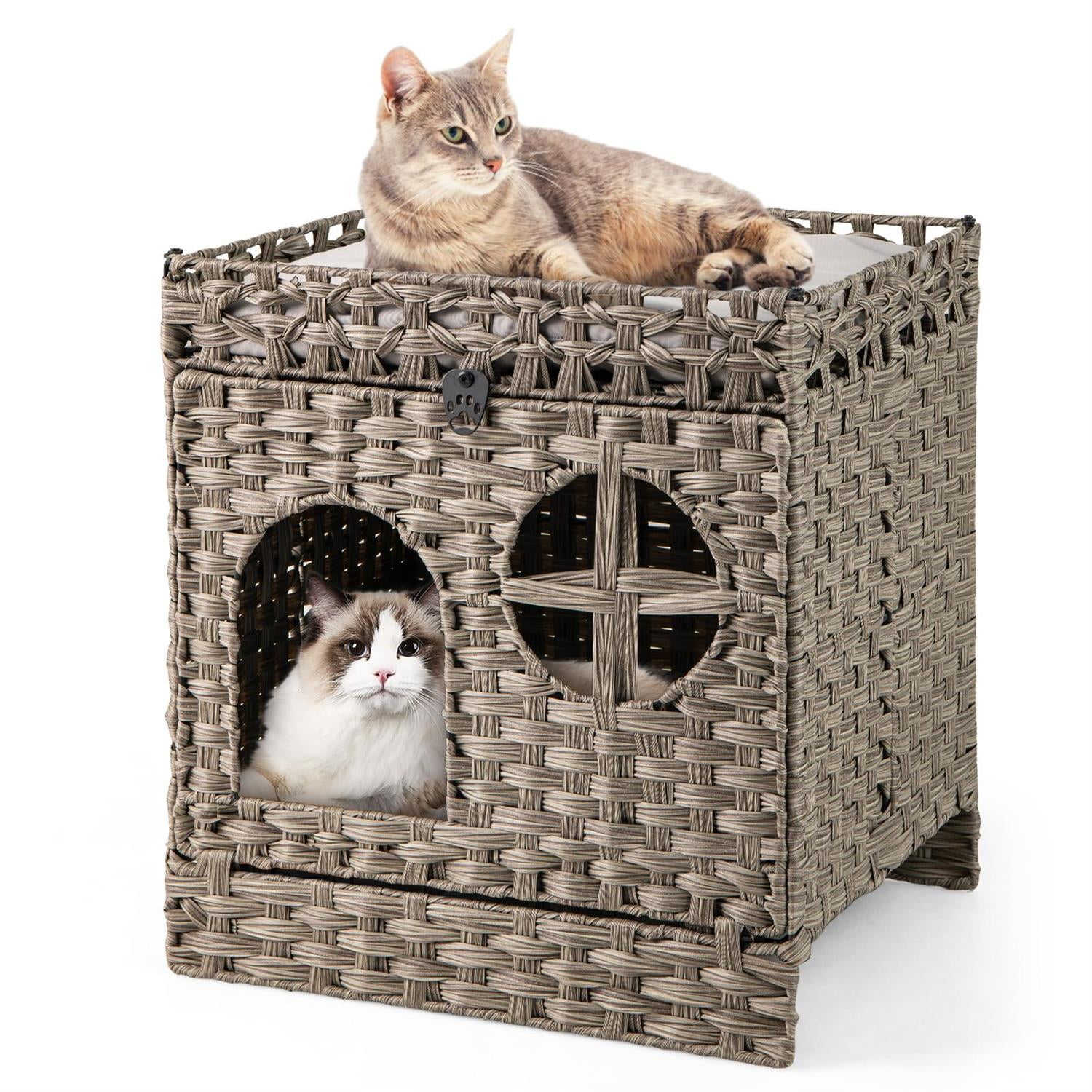 Pefilos Foldable 2-Tier Rattan Cat Litter Box Enclosure, Litter Mat ...