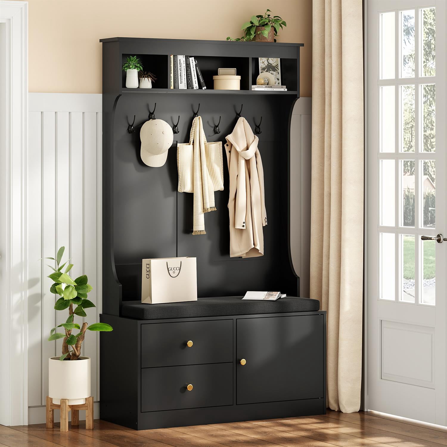 Demi Bonn Hall Tree, Bench, Shoe Storage, 7 Hooks, 6 - in - 1, Entryway ...