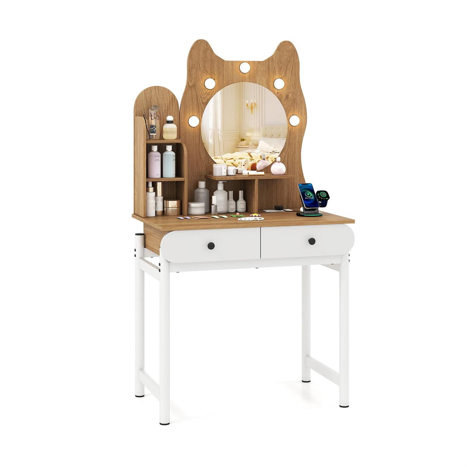 Demi Bonn Lighted Vanity Desk, LED Dimmable Mirror Charging Port, 4 ...