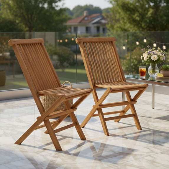 Demi Bonn Set of 2 Folding Outdoor Teak Wood Dining Chairs, Slatted ...