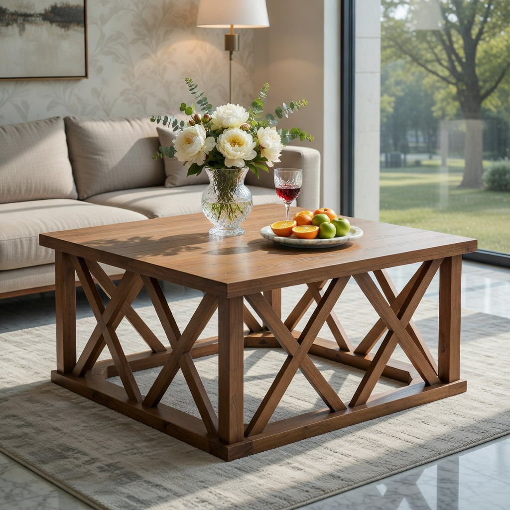 Demi Bonn Solid Wood Farmhouse Coffee Table, 39" Square Living Room ...