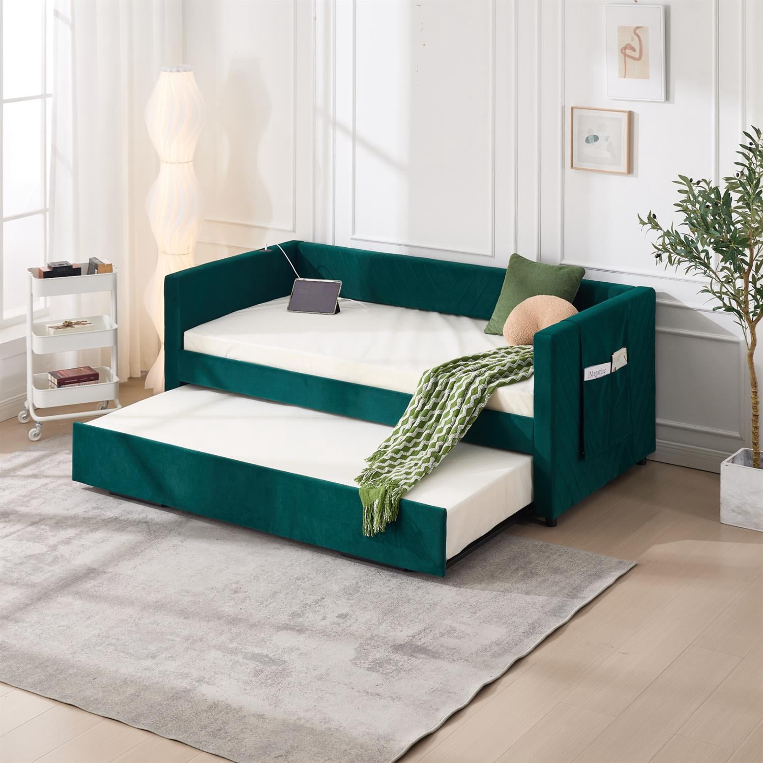 Demi Bonn Twin Size Upholstered Daybed with Trundle, USB Port & Side ...