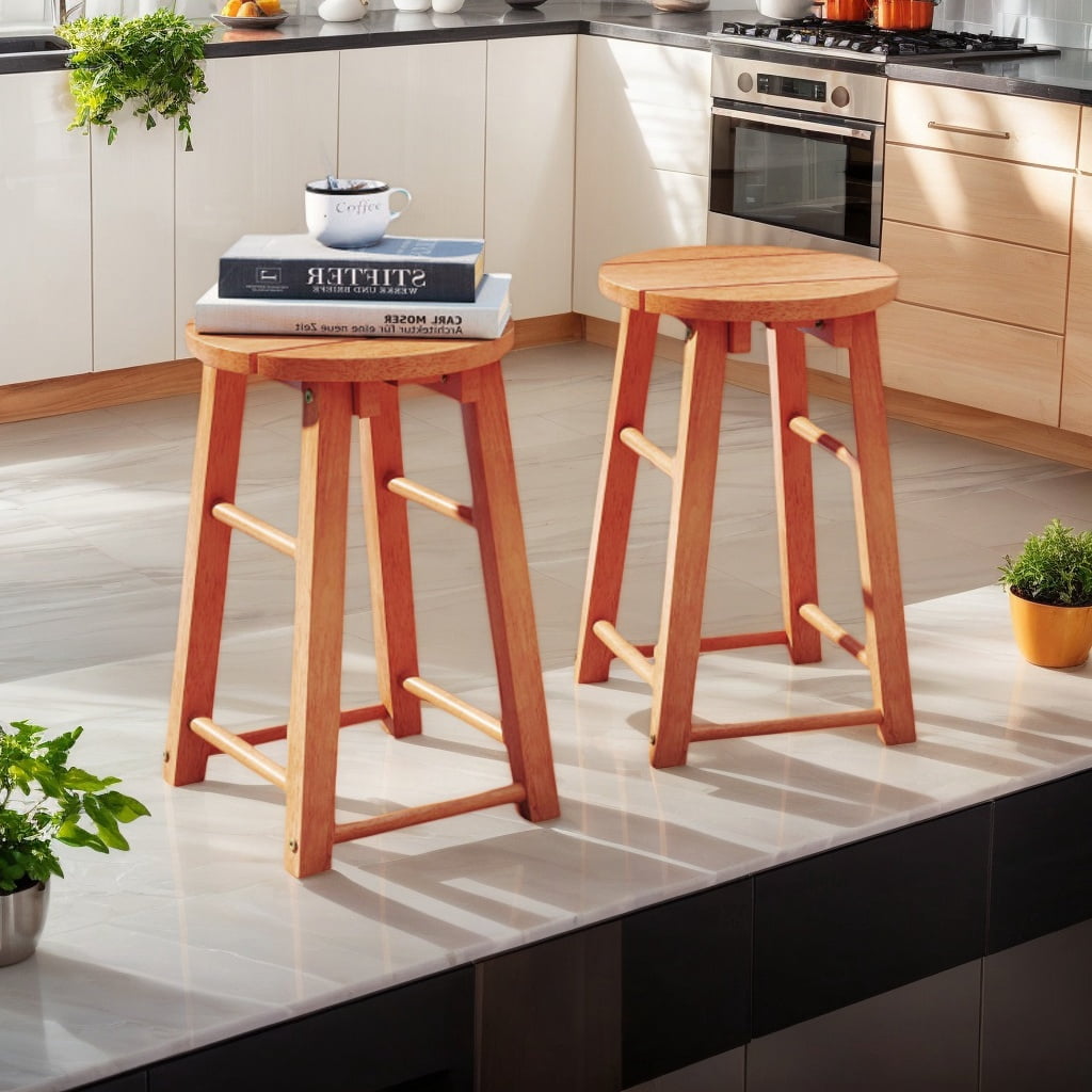 Demifill 18-Inch Outdoor Wood Bar Stools Set of 2, Bar Stool with Round ...