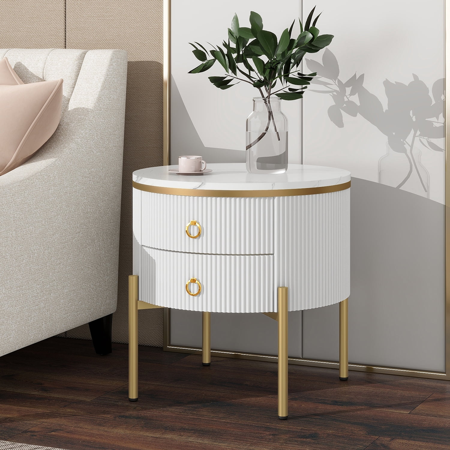 Demifill Φ19.6'' Round End Table with Storage Drawers, Fluted ...