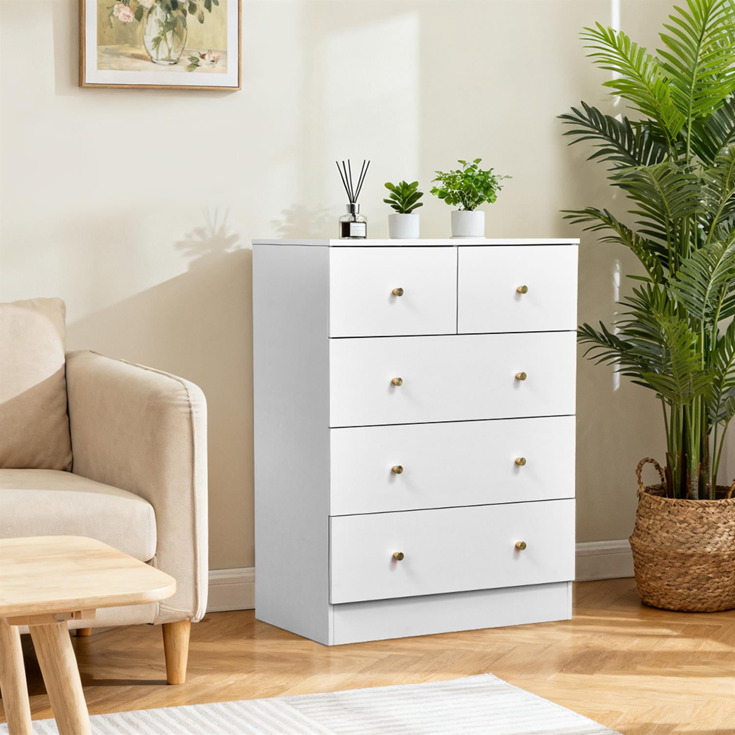 Demifill 3+2 Drawer Cabinet, Linen-Textured Melamine, Matte Gold ...