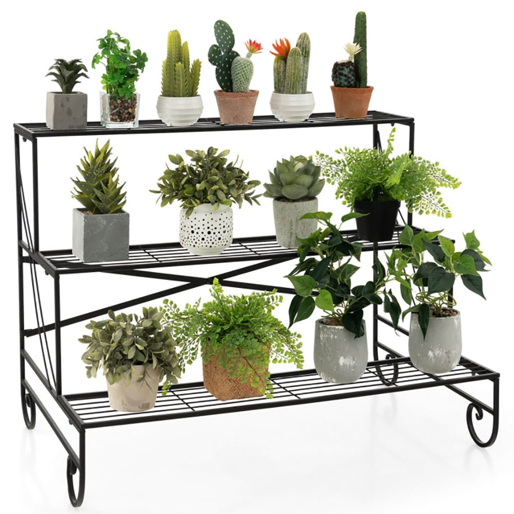 Demifill 3-Tier Mental Plant Stand with Grid Shelf, Plant Stand, Black ...