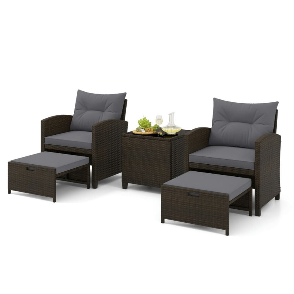 Demifill 5 Pieces Patio Rattan Furniture with 2 Ottomans and Tempered ...