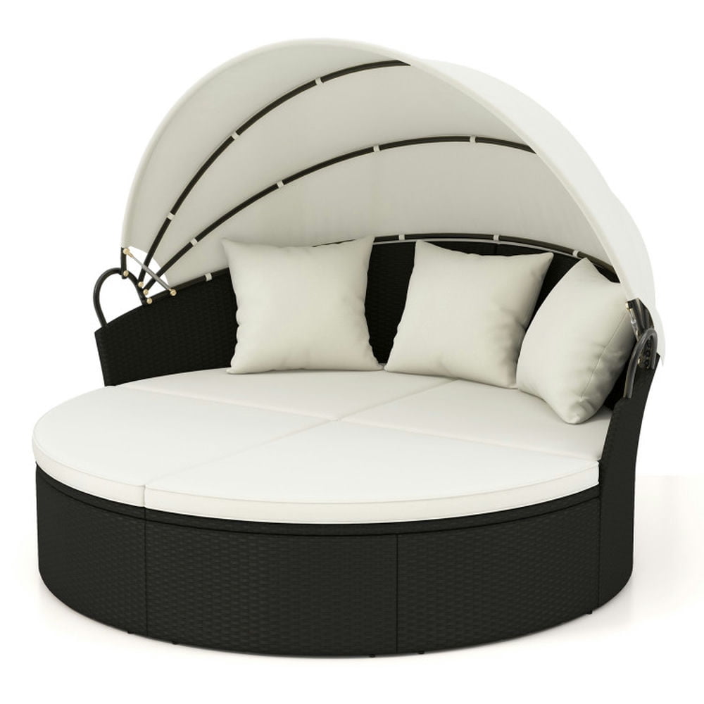 Demifill Patio Round Daybed with 2 Pieces of Half-Moon Sofas, Rattan ...