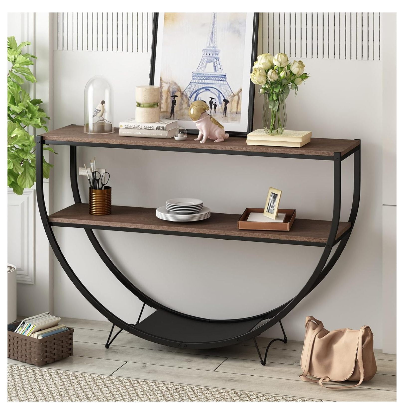 Demilune Shape Console Table with Metal Legs,Rustic Industrial Entryway ...
