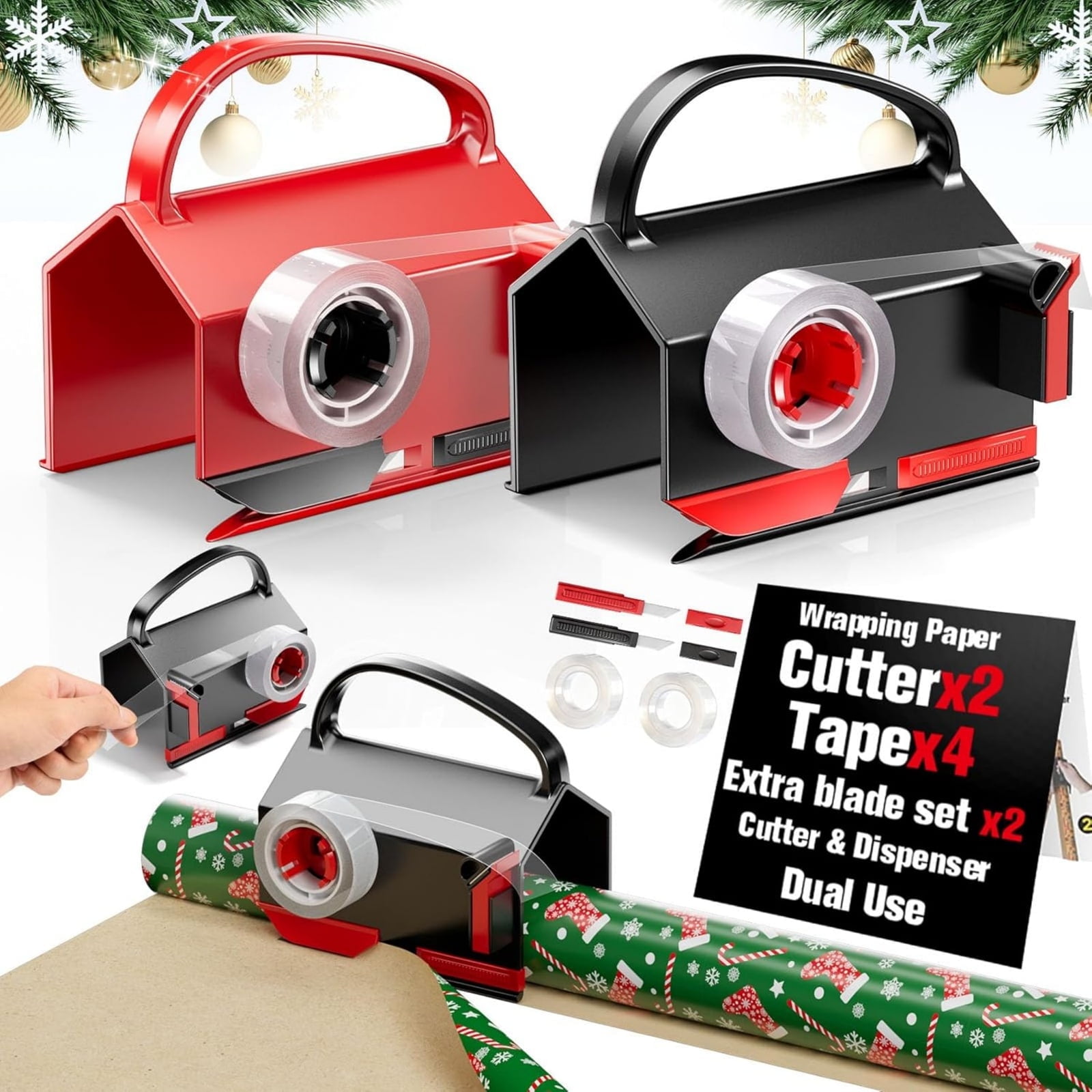 Demine 2 Pack Wrapping Paper Cutter & Tape Dispenser, Dual Use Gift ...