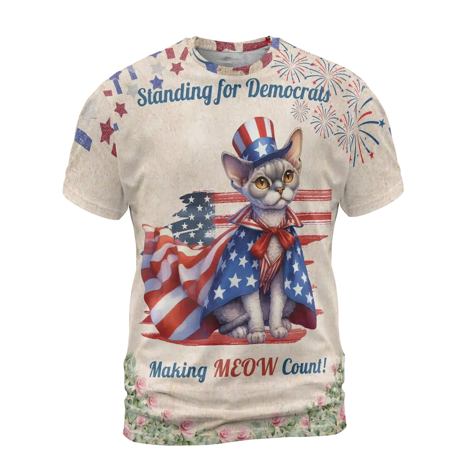 Democratic Devon Rex Cat Making Meow Count Election 2024 All Over Print 3D Shirt Unisex Merch ...