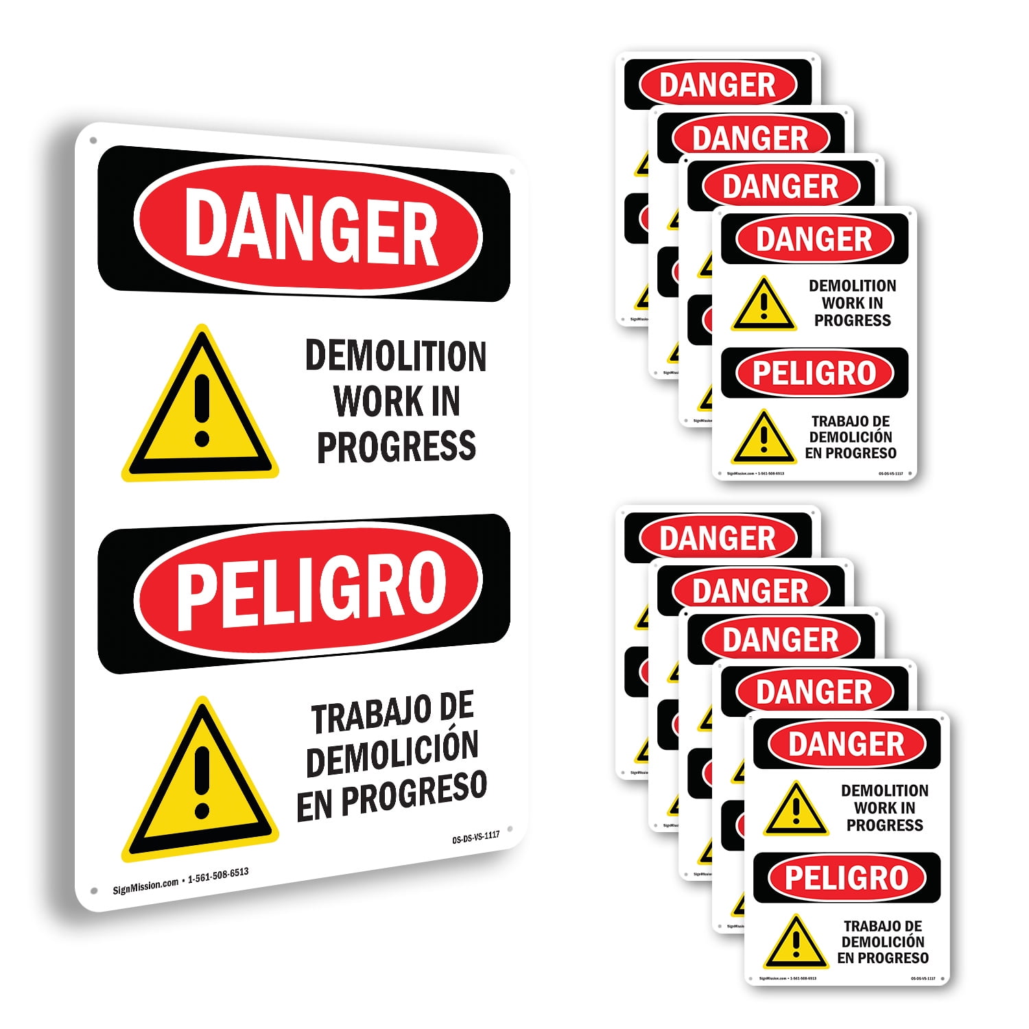 Demolition Work In Progress Bilingual OSHA Danger Rigid Plastic Sign 10 ...