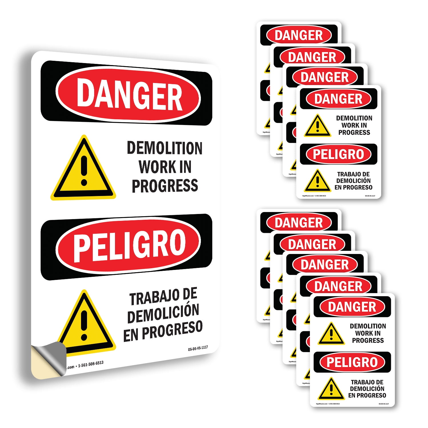 Demolition Work In Progress Bilingual OSHA Danger Vinyl Decal Label 24 ...