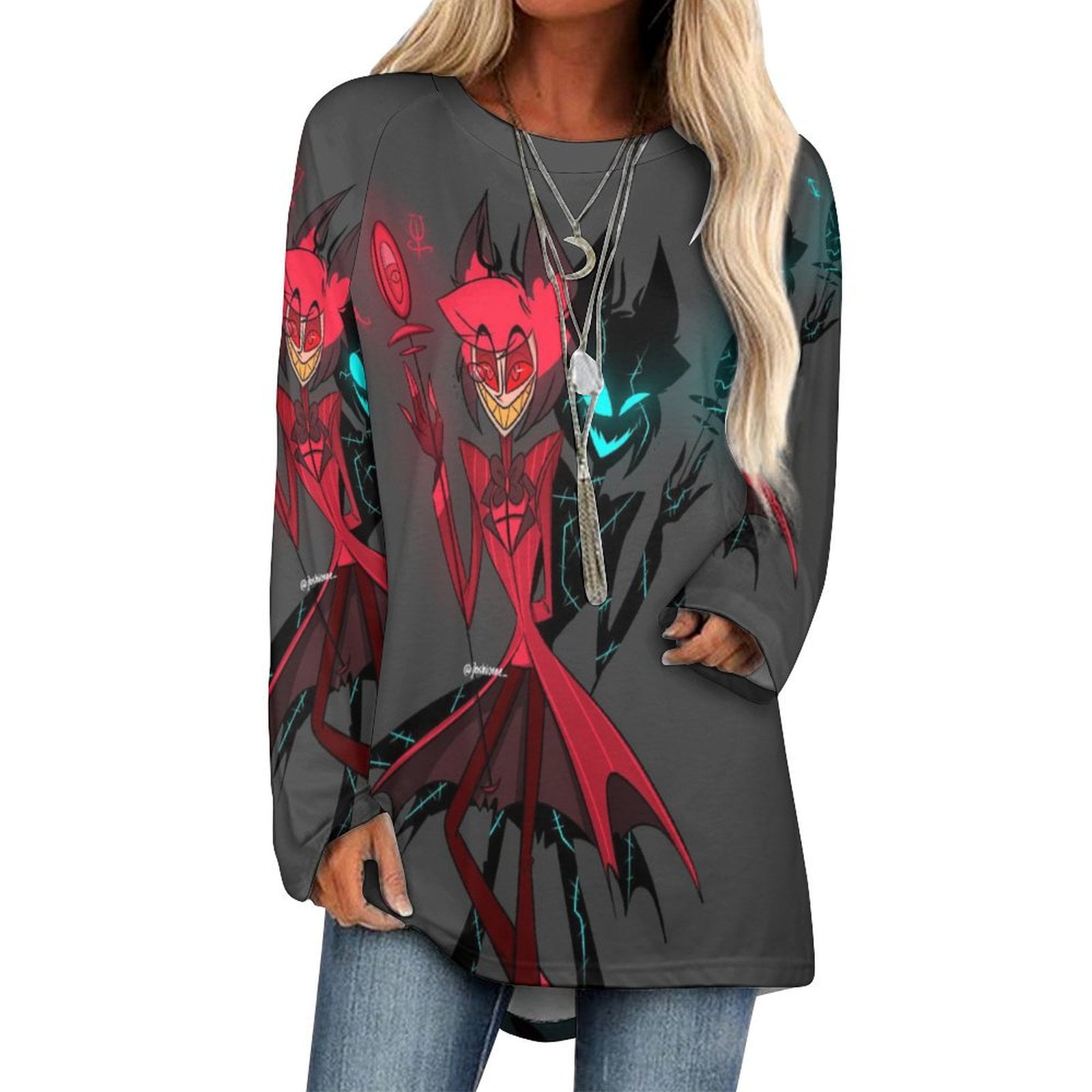 Demon Alastor Hazbin Hotel Womens Long Sleeve T-Shirt Loose Fit Tops ...