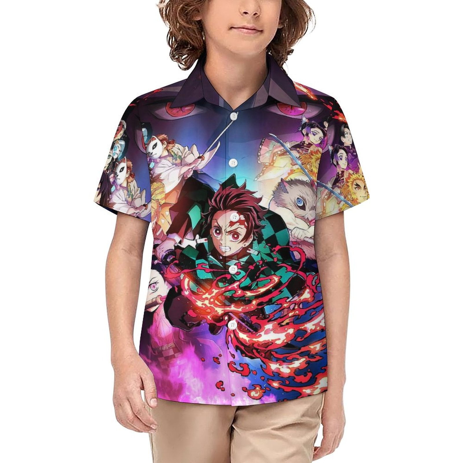 Demon Slayer Boy's Button Down Hawaiian Shirt Short Sleeve, Kids Summer ...
