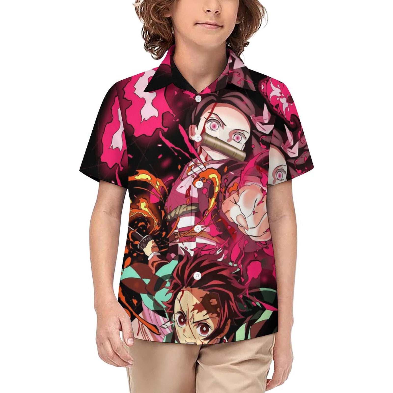 Demon Slayer Boy's Button Down Hawaiian Shirt Short Sleeve, Kids Summer ...