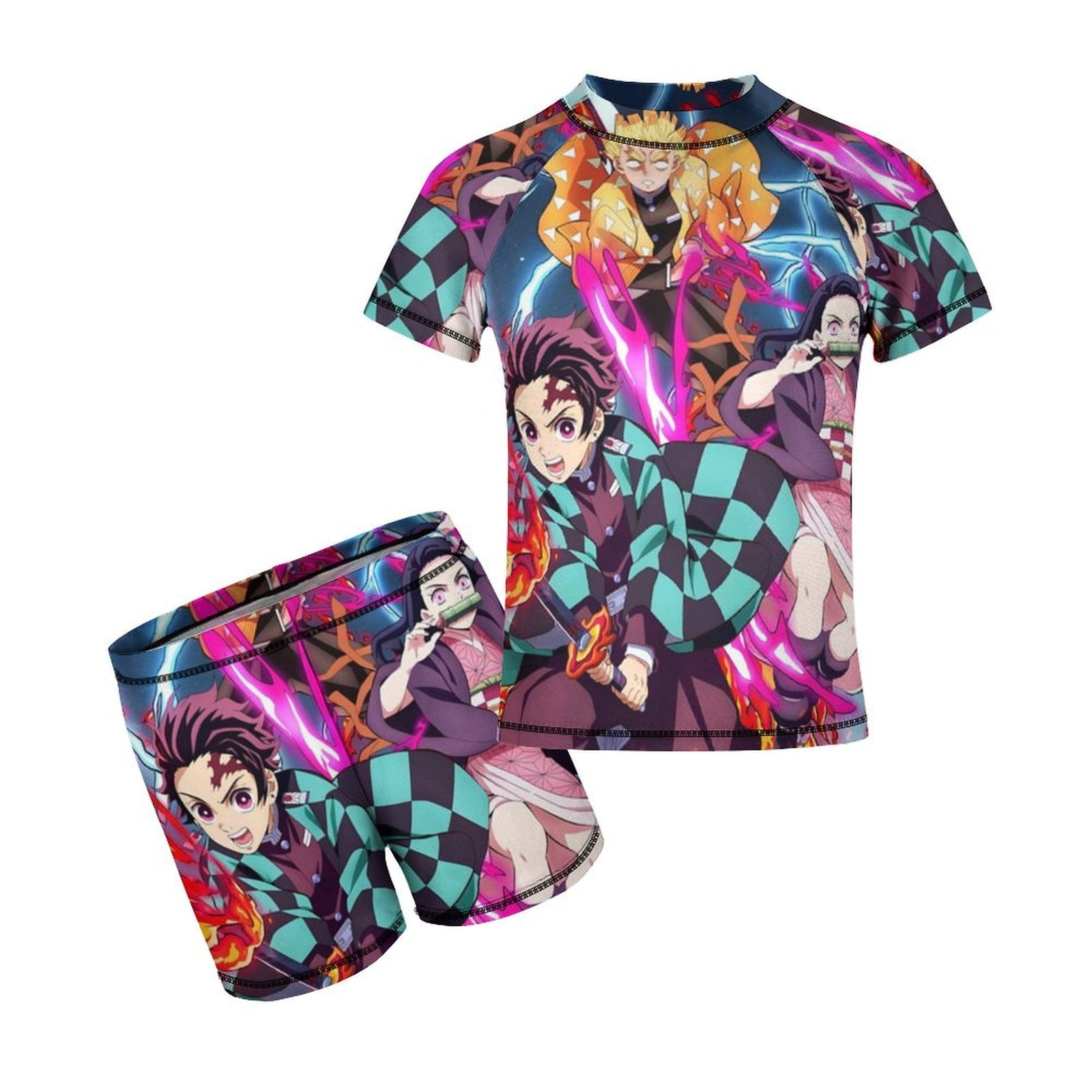 Demon Slayer Boys 2-Piece Swimsuit Set, Short Sleeve Rash Guard & Swim ...