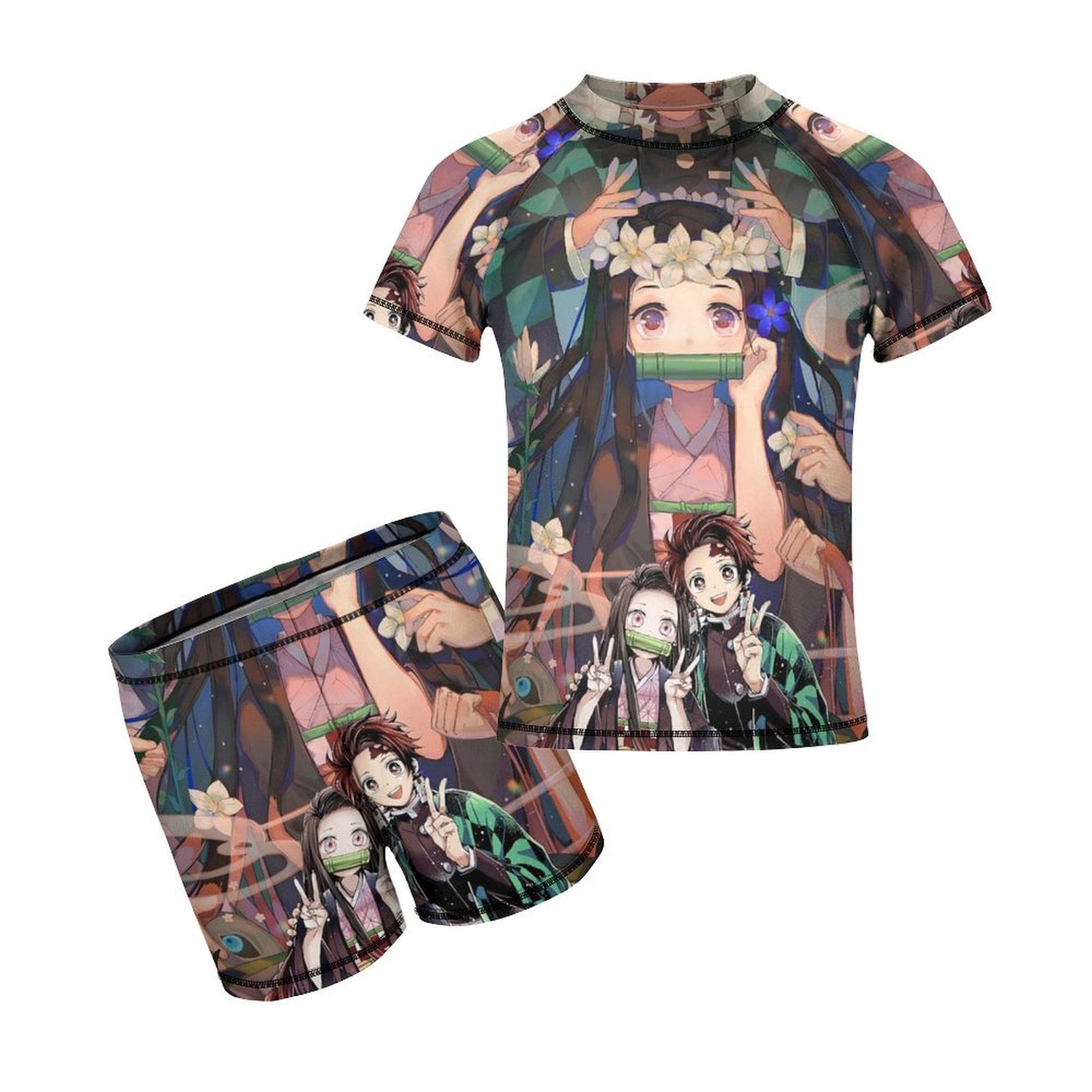 Demon Slayer Boys 2-Piece Swimsuit Set, Short Sleeve Rash Guard & Swim ...