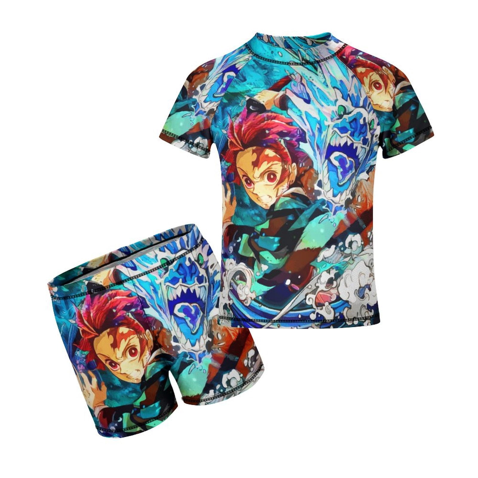 Demon Slayer Boys 2-Piece Swimsuit Set, Short Sleeve Rash Guard & Swim ...