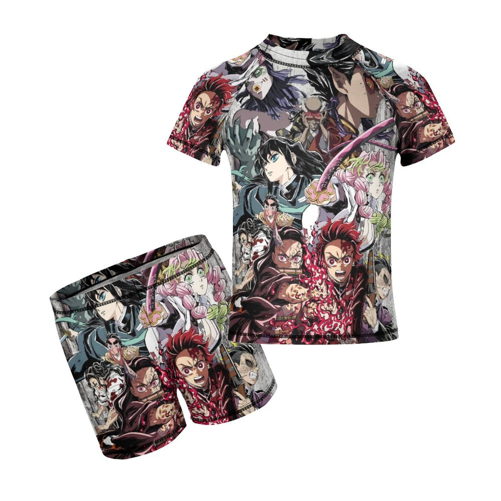Demon Slayer Boys 2-Piece Swimsuit Set, Short Sleeve Rash Guard & Swim ...