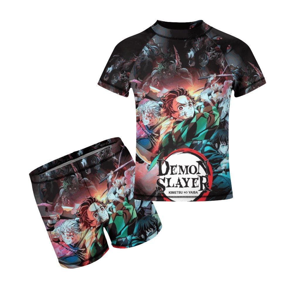 Demon Slayer Boys 2-Piece Swimsuit Set, Short Sleeve Rash Guard & Swim ...