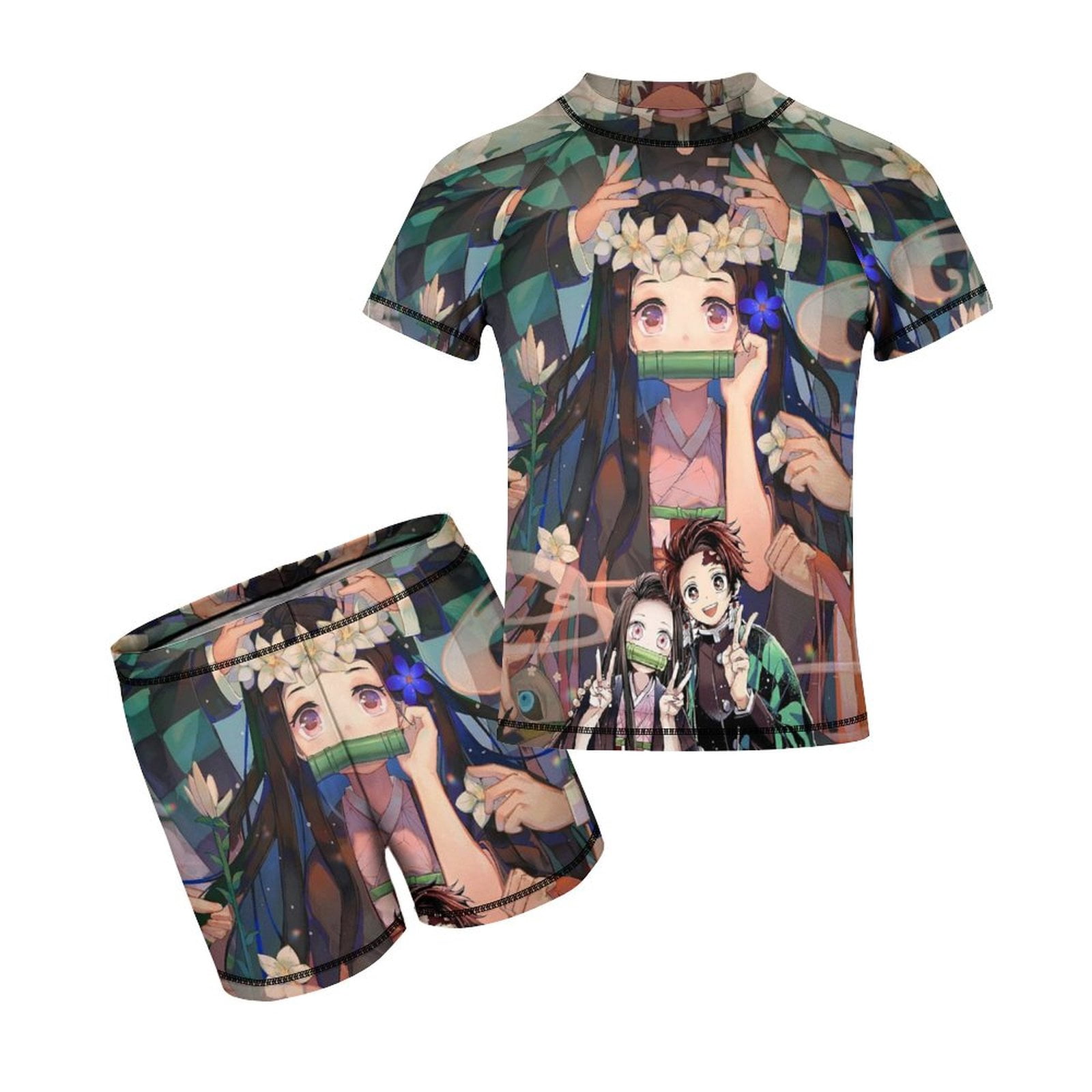 Demon Slayer Boys Rash Guard Set 2 Piece Swimsuits Short Sleeve Bathing ...