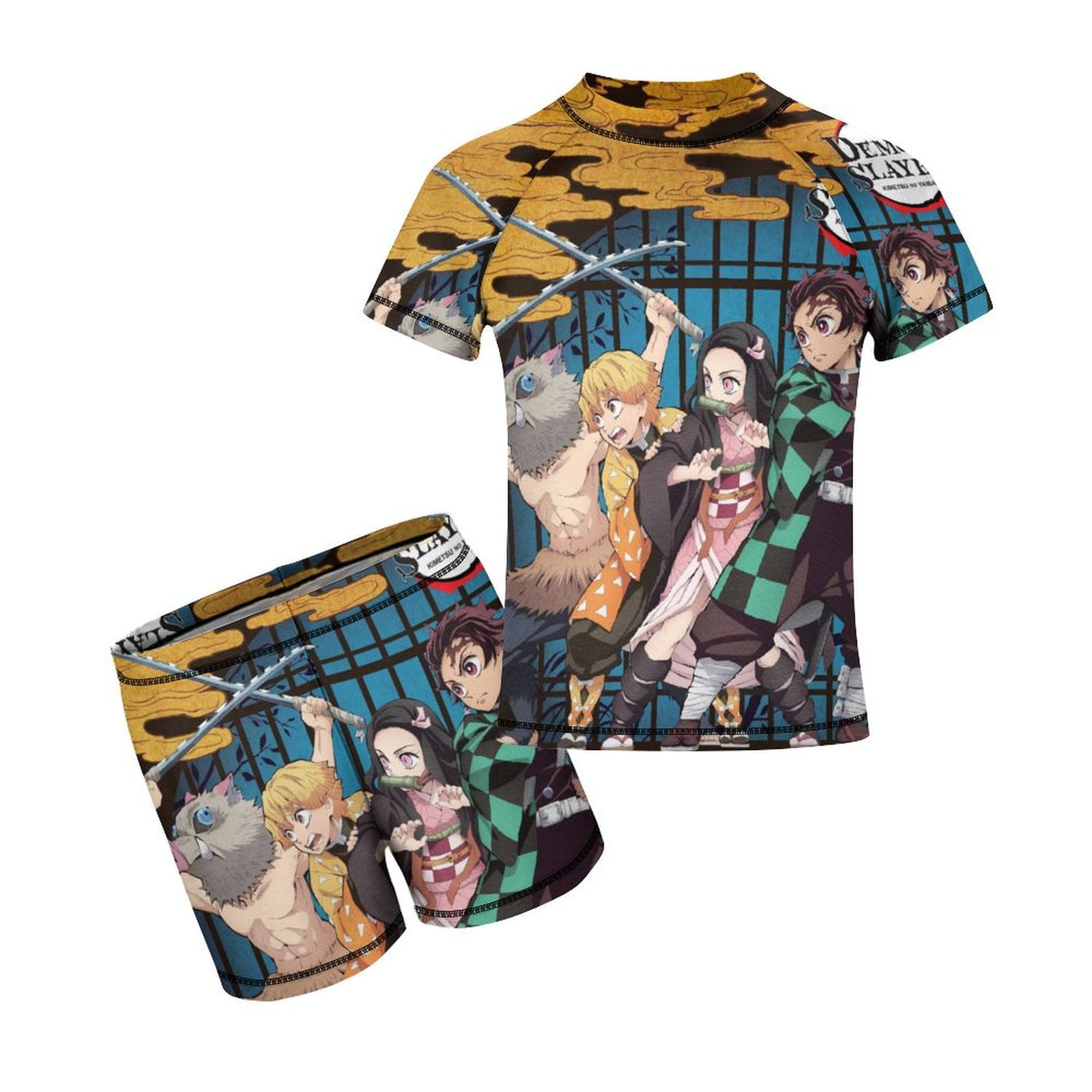 Demon Slayer Boys Rash Guard Set 2 Piece Swimsuits Short Sleeve Bathing ...
