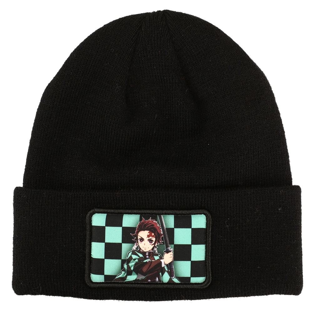 Demon Slayer Character Embroidered Plain Black Cuffed Knitted Winter ...