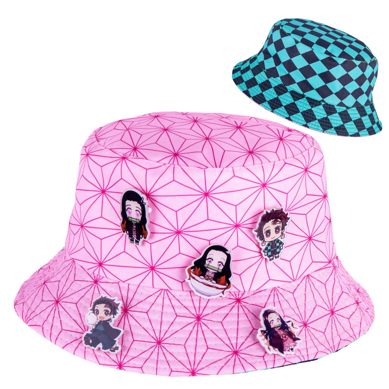 Demon Slayer Double-Sided Reversible Bucket Hat: Nezuko Pink Geometric Side & Tanjiro Blue ...