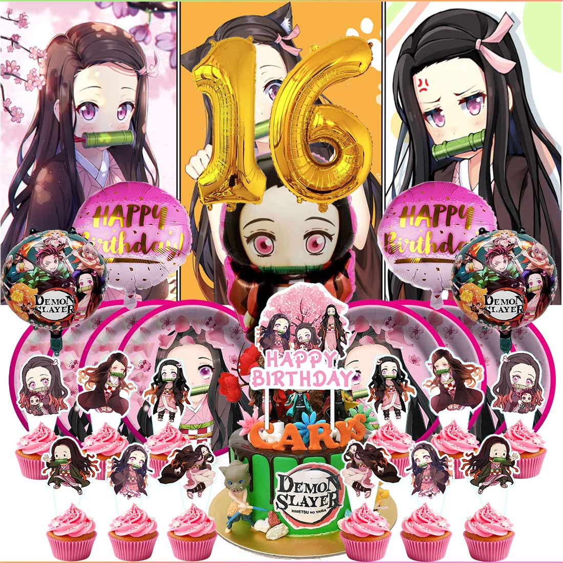 Demon Slayer Girl Nezuko 16th Tableware Balloons Cake Toppers Backdrop ...