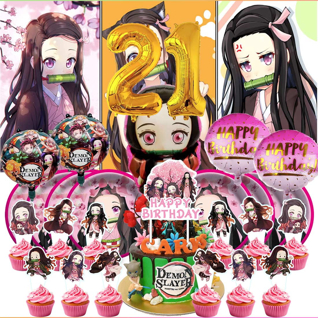 Demon Slayer Girl Nezuko 21th Tableware Balloons Cake Toppers Backdrop ...