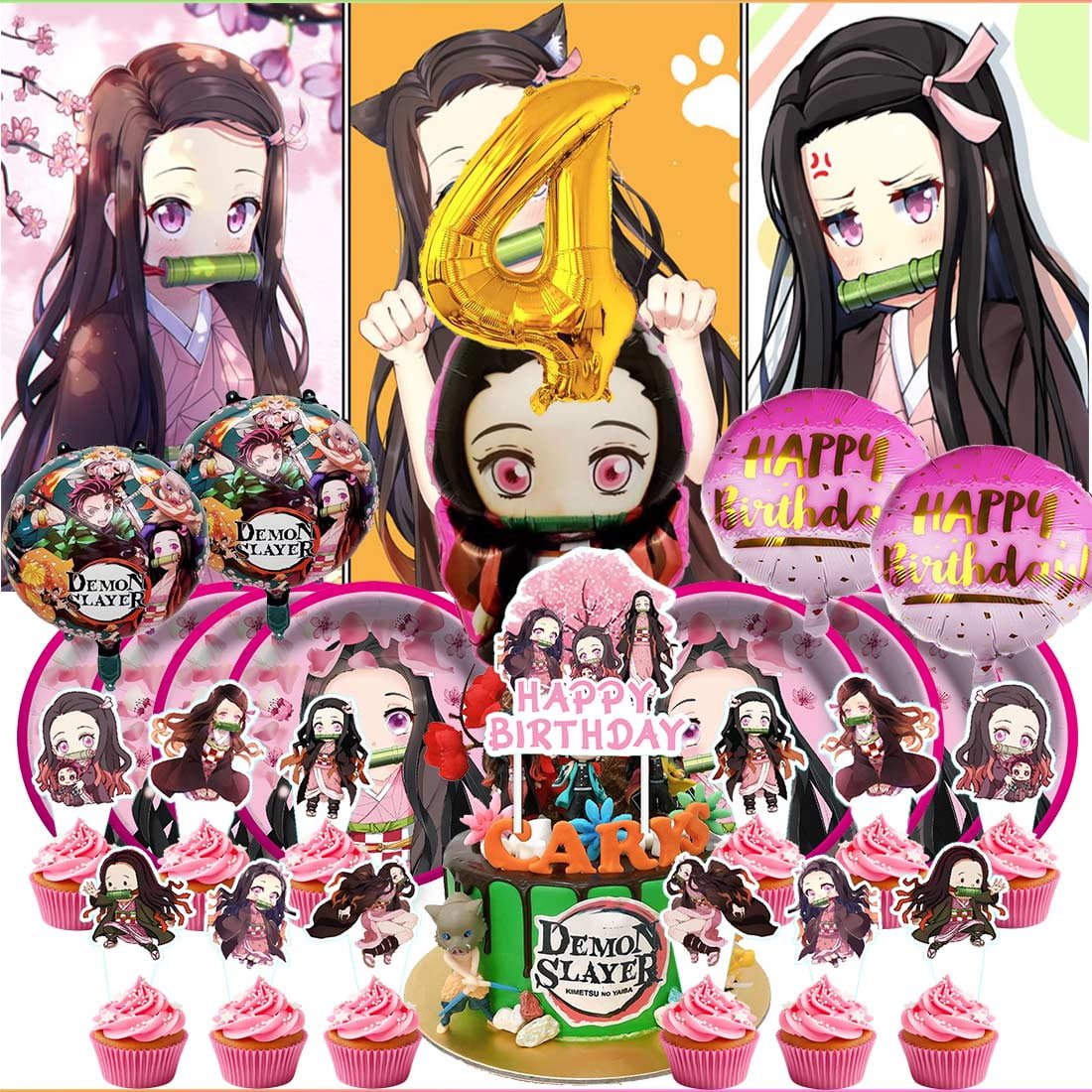 Demon Slayer Girl Nezuko 4th Tableware Balloons Cake Toppers Backdrop ...