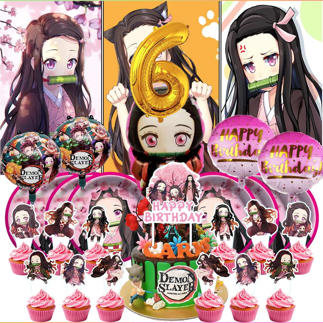 Demon Slayer Girl Nezuko 6th Tableware Balloons Cake Toppers Backdrop ...