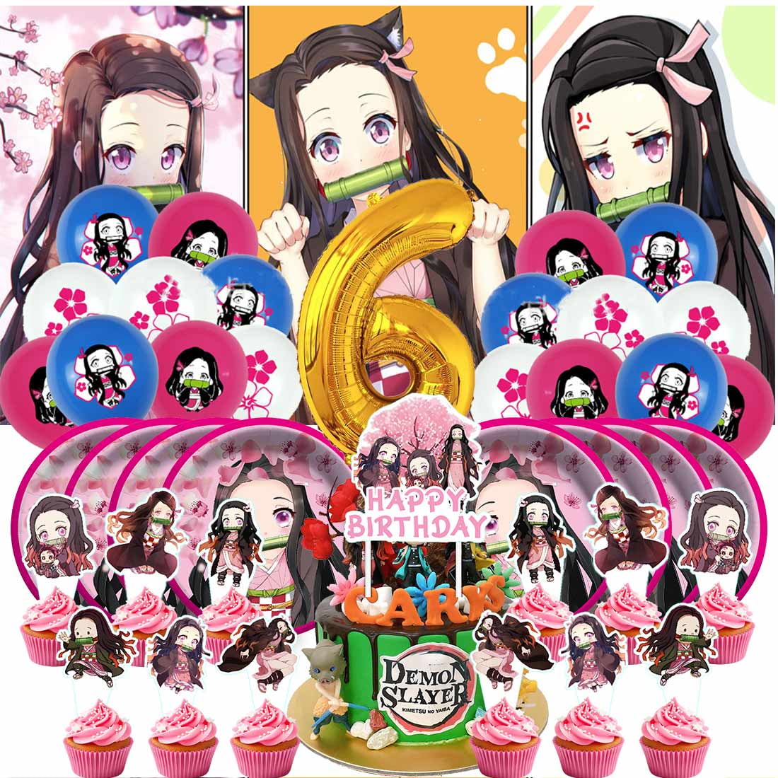 Demon Slayer Girl Nezuko Balloons Party Supplies 6th Decor Tableware ...