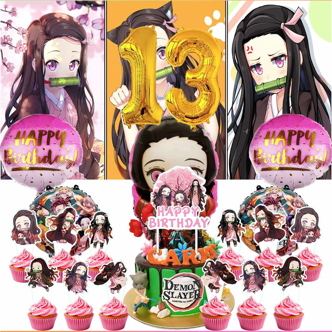 Demon Slayer Girl Nezuko Party Supplies Decor 13th Kit Balloons ...