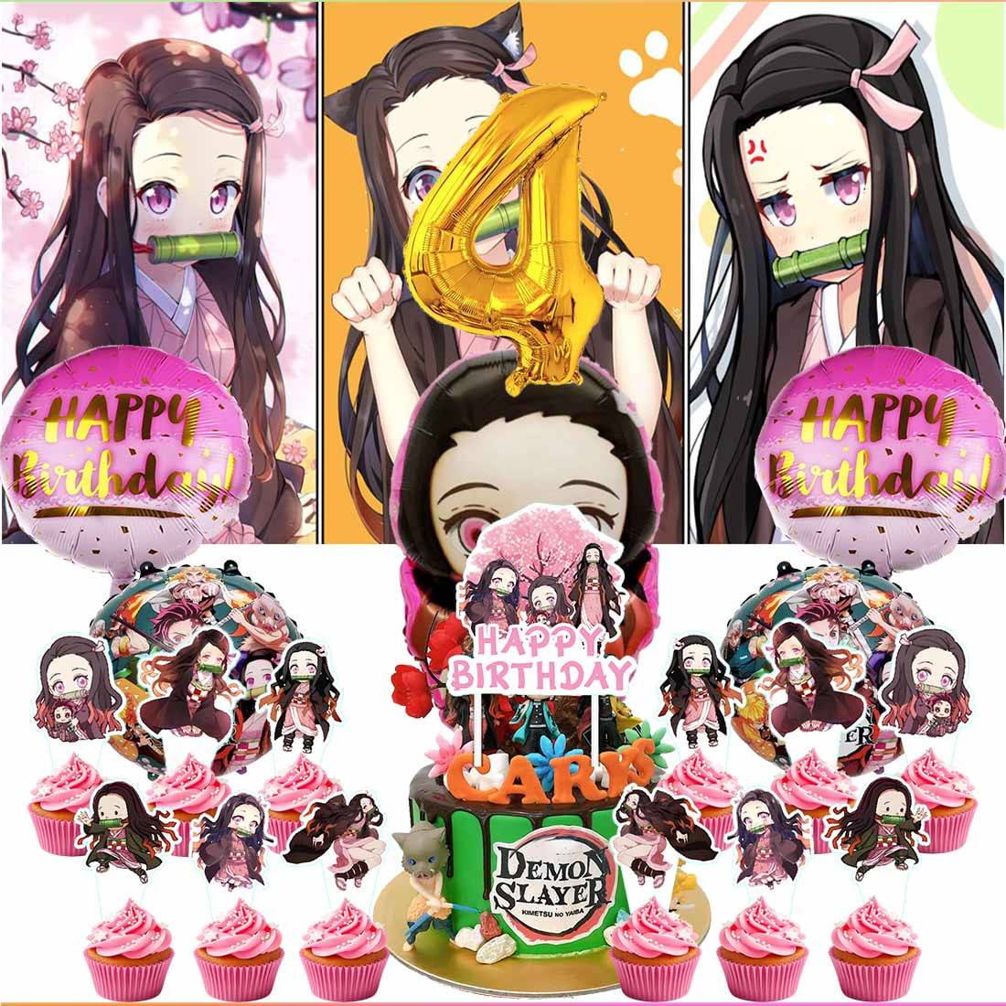 Demon Slayer Girl Nezuko Party Supplies Decor 4th Kit Balloons Birthday ...
