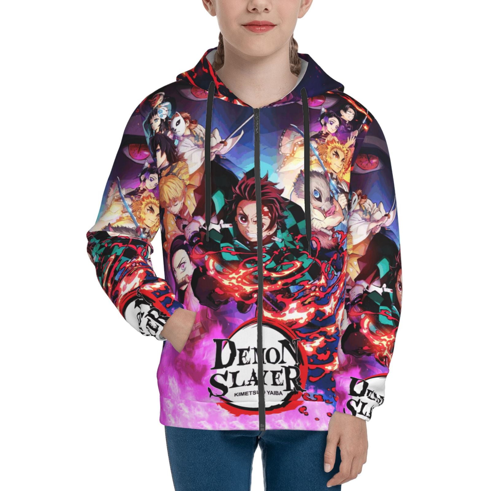Demon Slayer Kids Zip-Up Hoodie 3d Print Hooded Sweatshirt With Packet ...