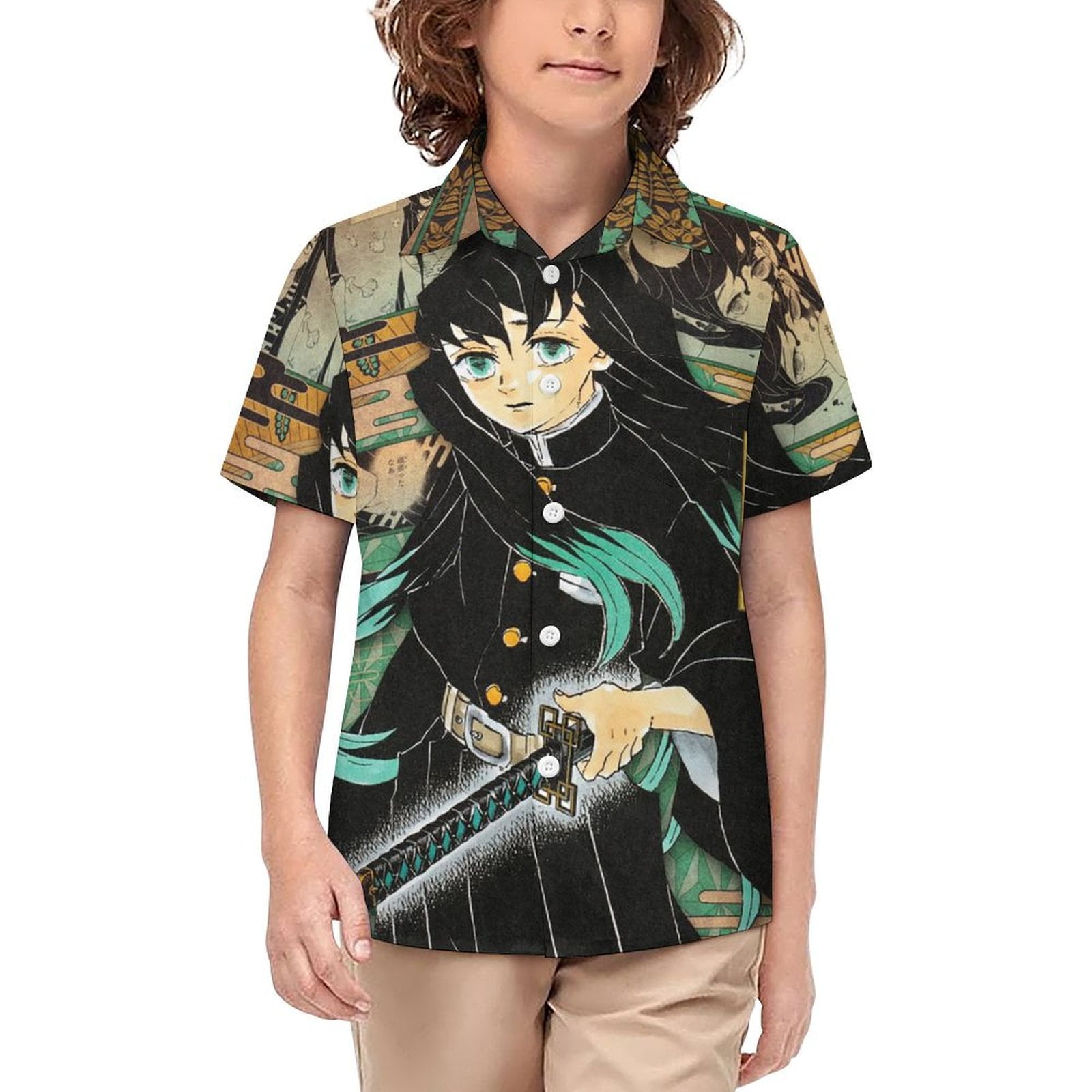 Demon Slayer Muichiro Tokito Boy's Button Down Hawaiian Shirt Short ...