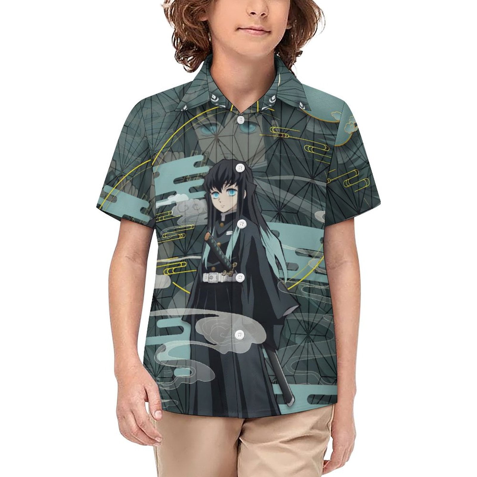 Demon Slayer Muichiro Tokito Boy's Button Down Hawaiian Shirt Short ...