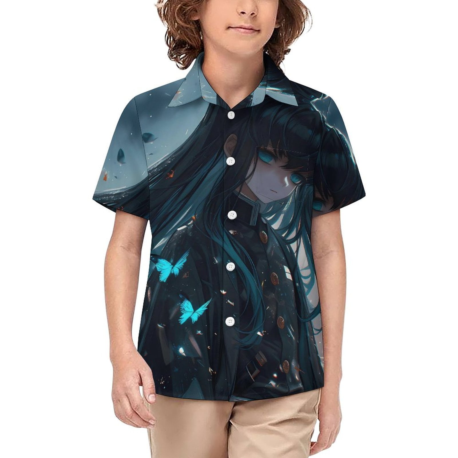 Demon Slayer Muichiro Tokito Boy's Button Down Hawaiian Shirt Short ...