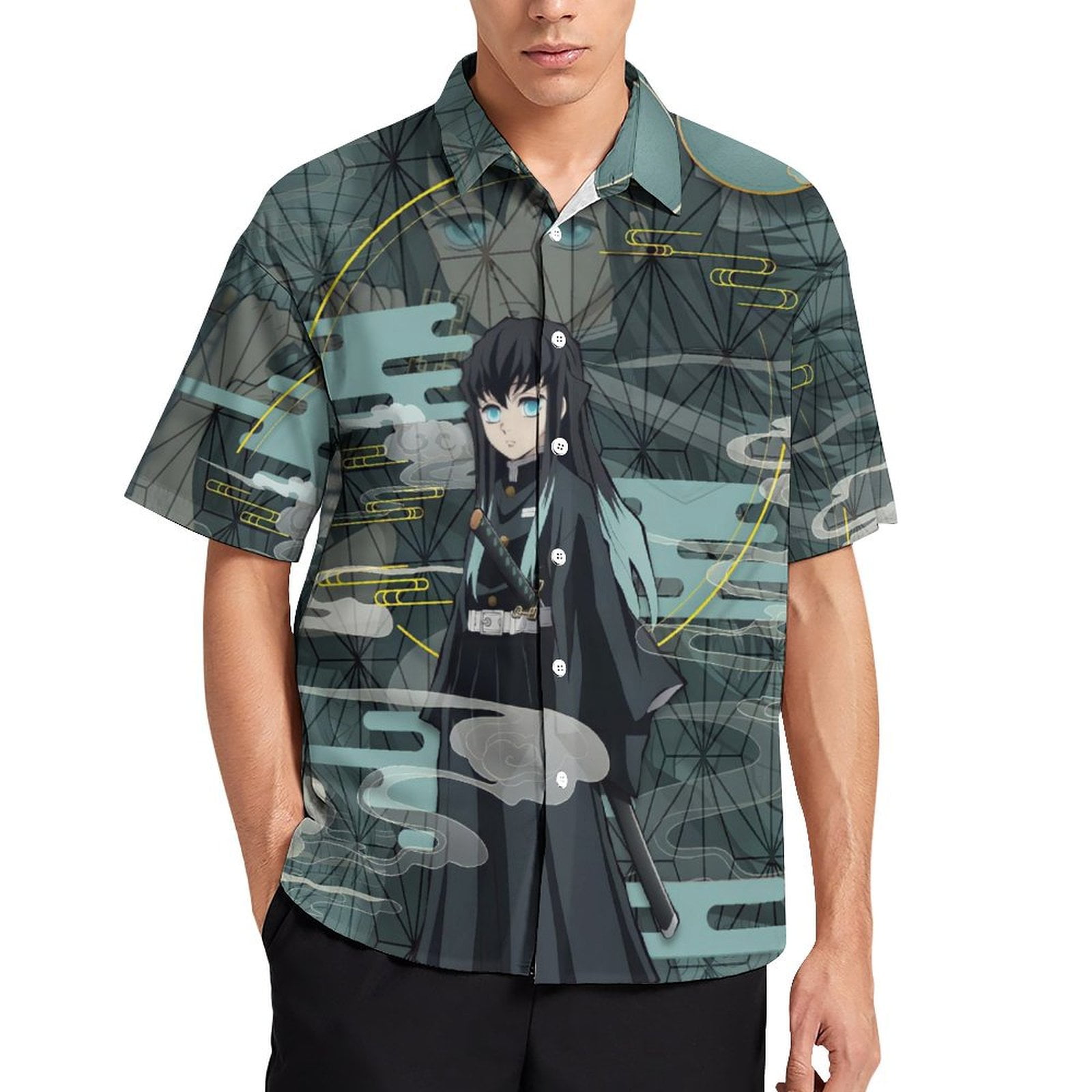 Demon Slayer Muichiro Tokito Men's Hawaiian Shirt Short Sleeve Button ...
