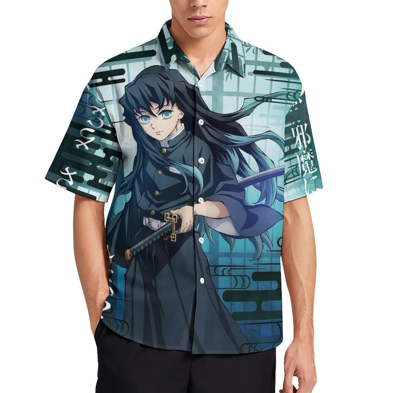 Demon Slayer Muichiro Tokito Men's Hawaiian Shirt Short Sleeve Button ...
