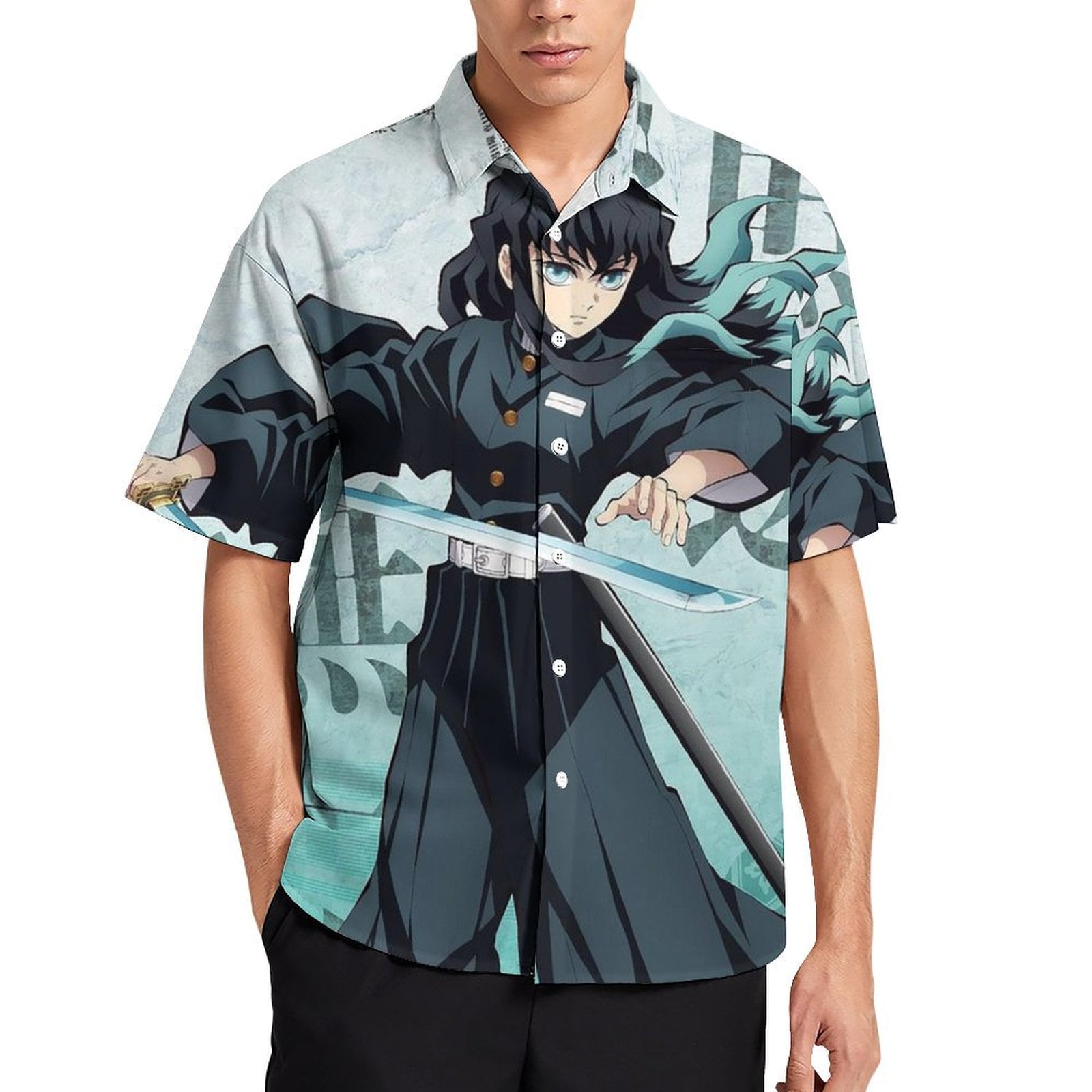 Demon Slayer Muichiro Tokito Men's Hawaiian Shirt Short Sleeve Button ...